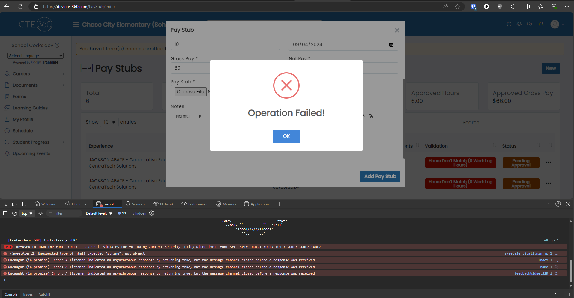 Pay Stubs - Operation Failed! Modal when submitting, but paystub is ...