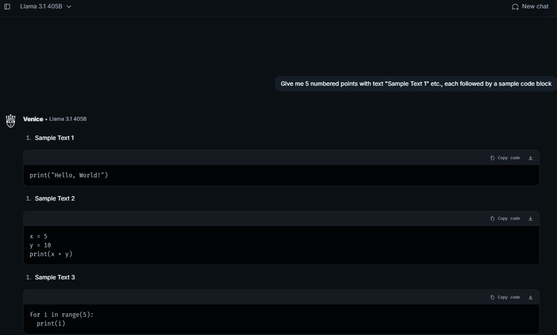 Code blocks and numbering messed up - Venice.ai